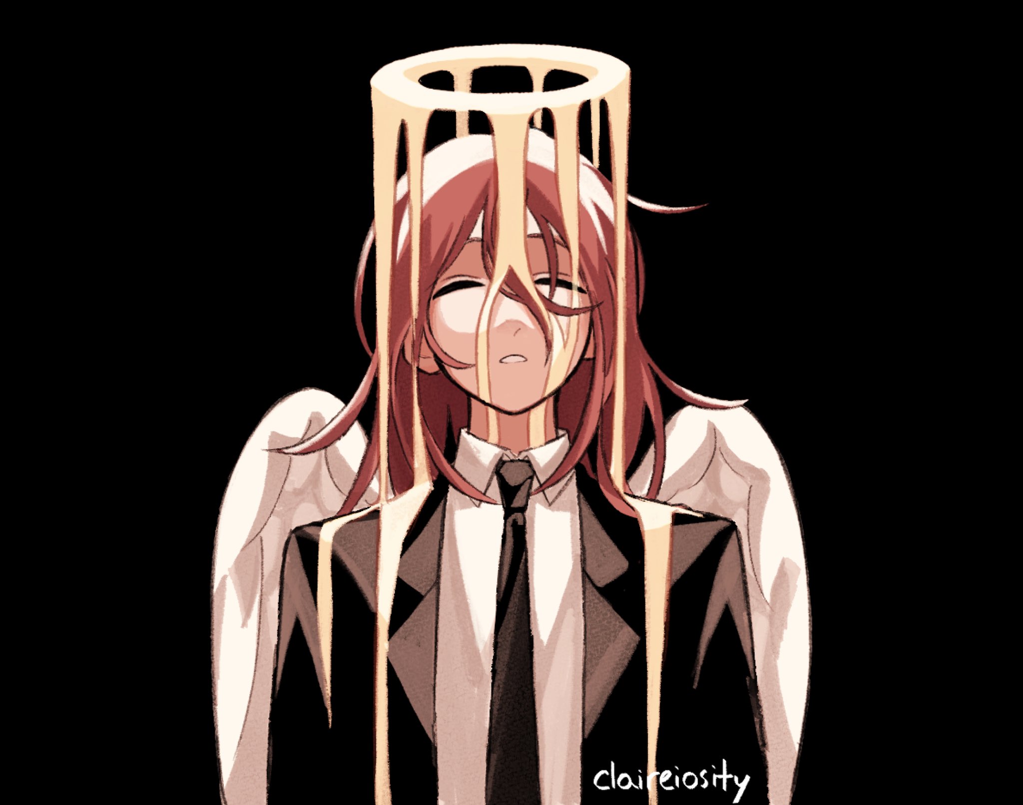 Safebooru - 1boy angel angel devil (chainsaw man) angel wings artist name bangs black background ...