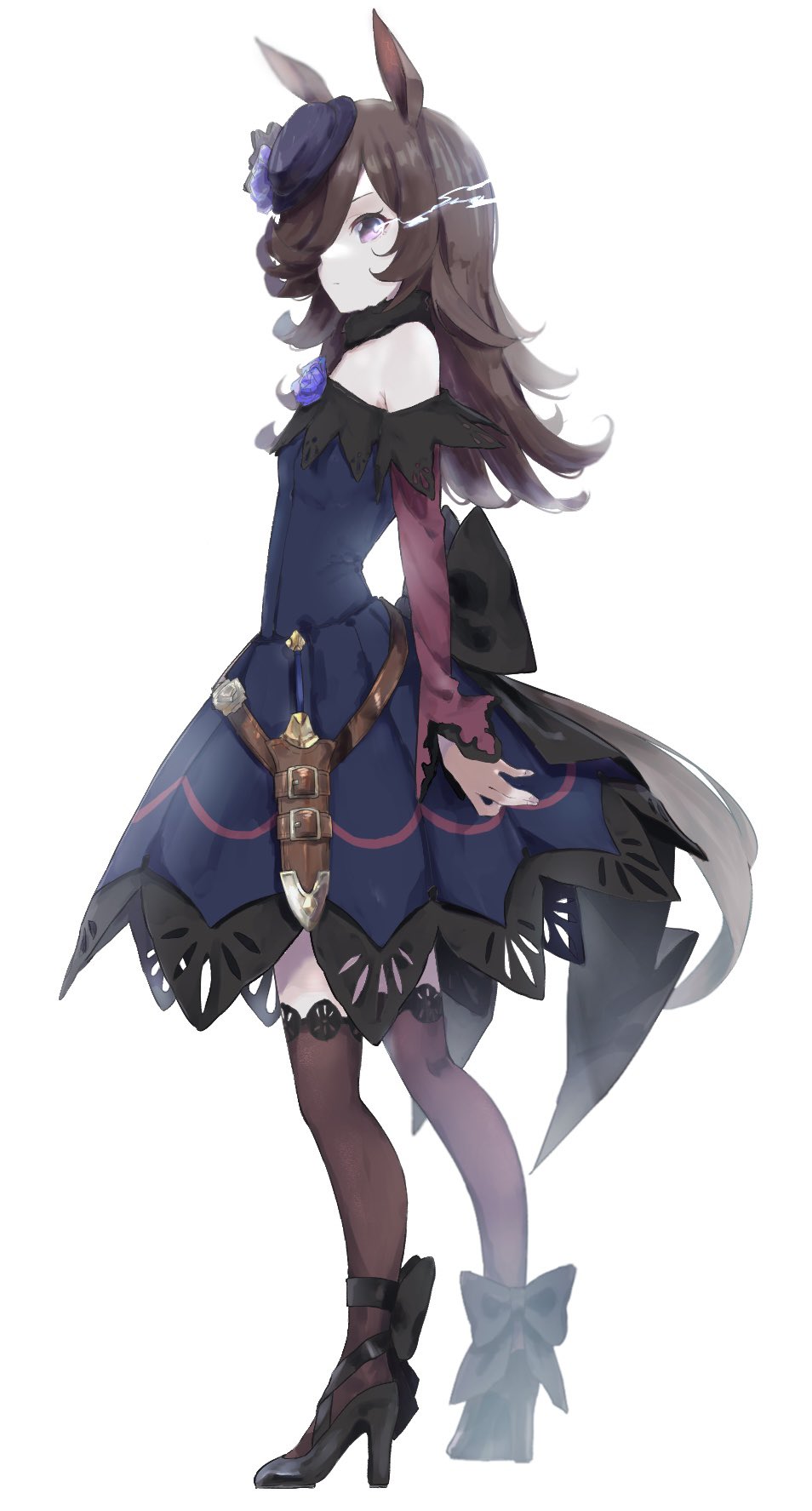 Safebooru - 1girl animal ears bangs bare shoulders black bow black footwear black headwear blue ...