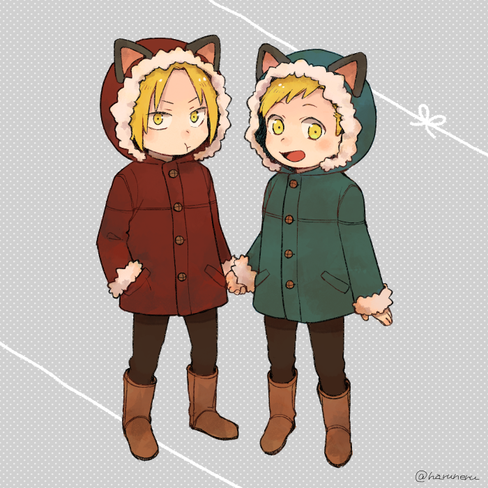 Safebooru - 2boys alphonse elric animal ears arm at side bangs blonde hair boots brothers brown ...