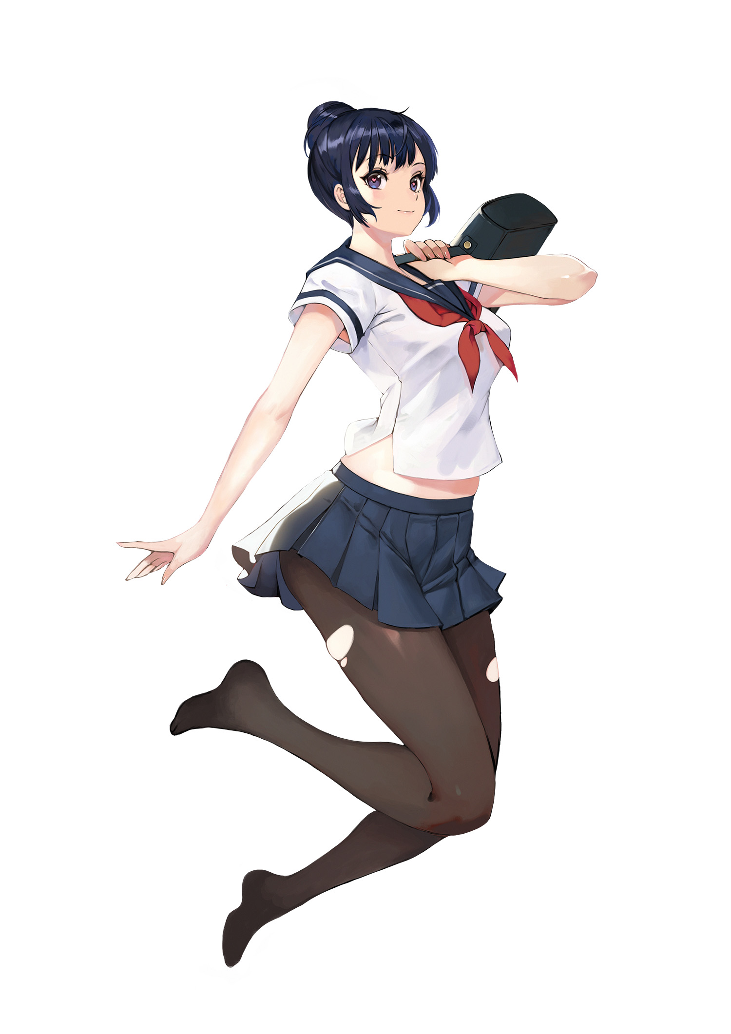 Safebooru - 1girl bag bangs black legwear blue eyes blue hair blue skirt bobobong breasts ...