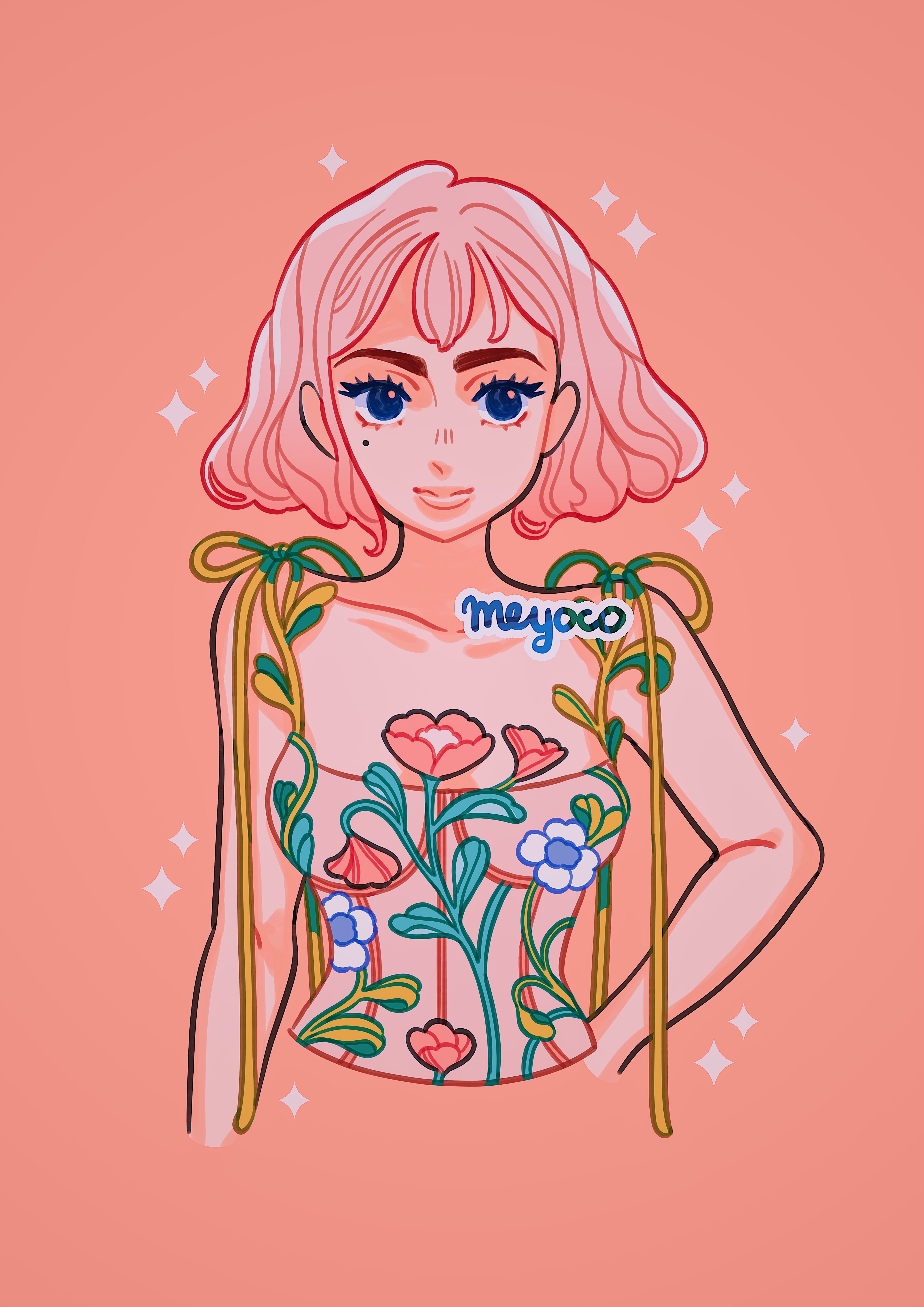 Safebooru - 1girl absurdres artist name blue hair cropped torso flower ...