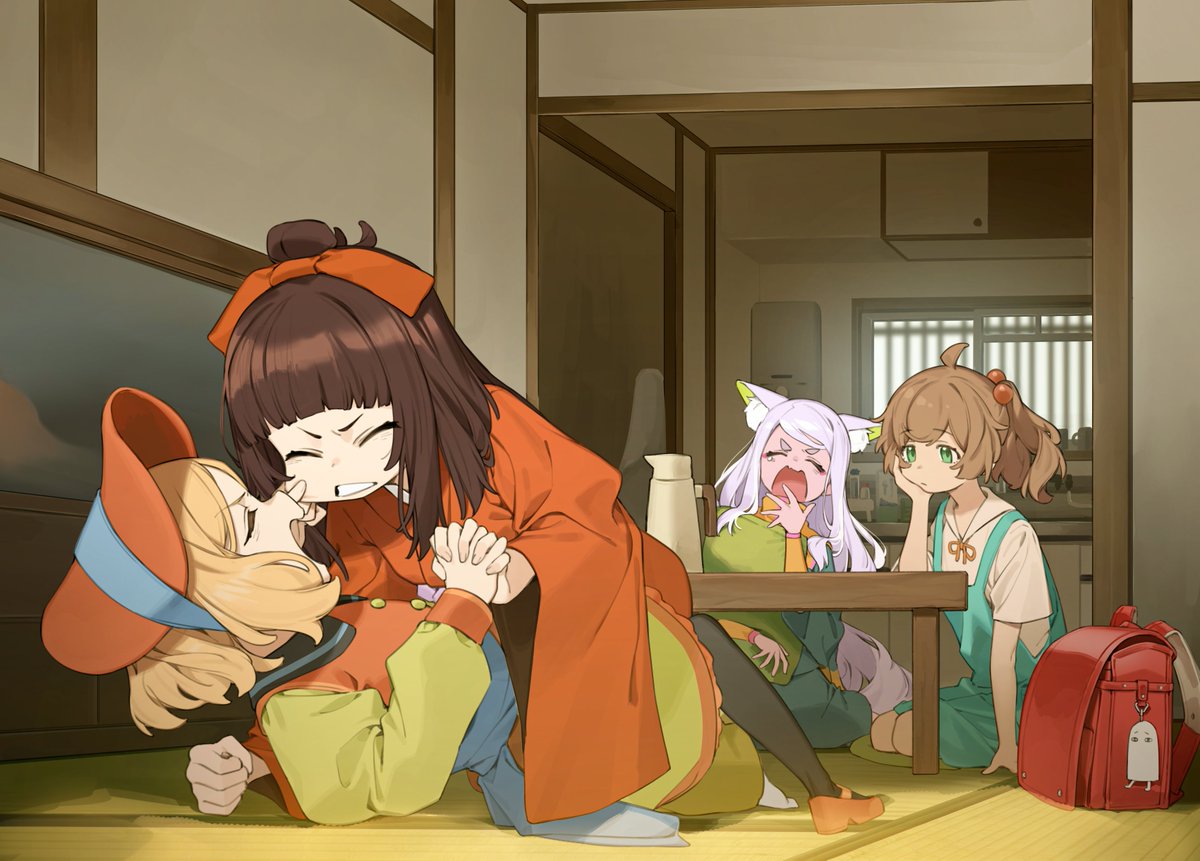 Safebooru - 4girls animal ear fluff animal ears aqua dress backpack bag ...