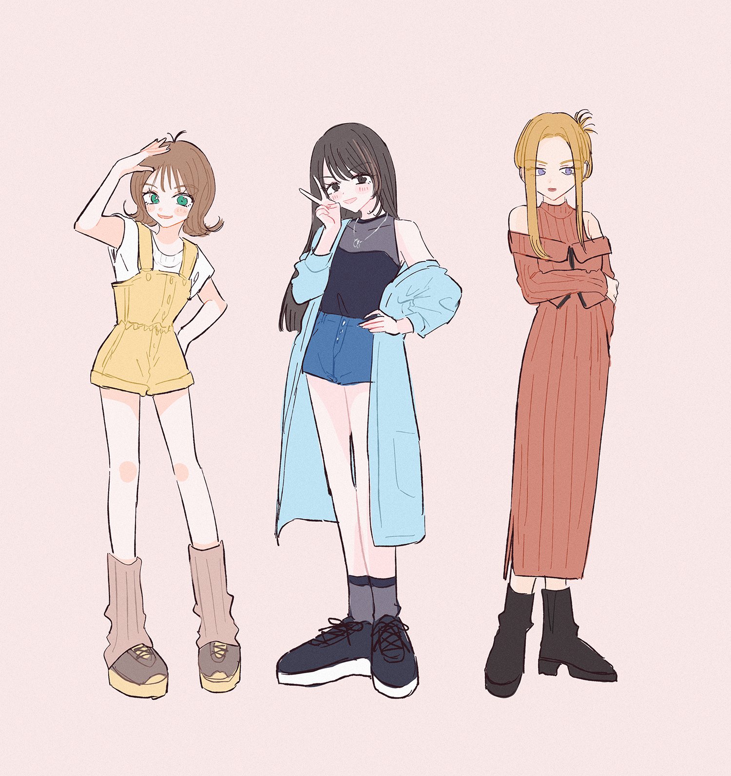 Safebooru - 3girls adapted costume black boots black hair black shirt ...