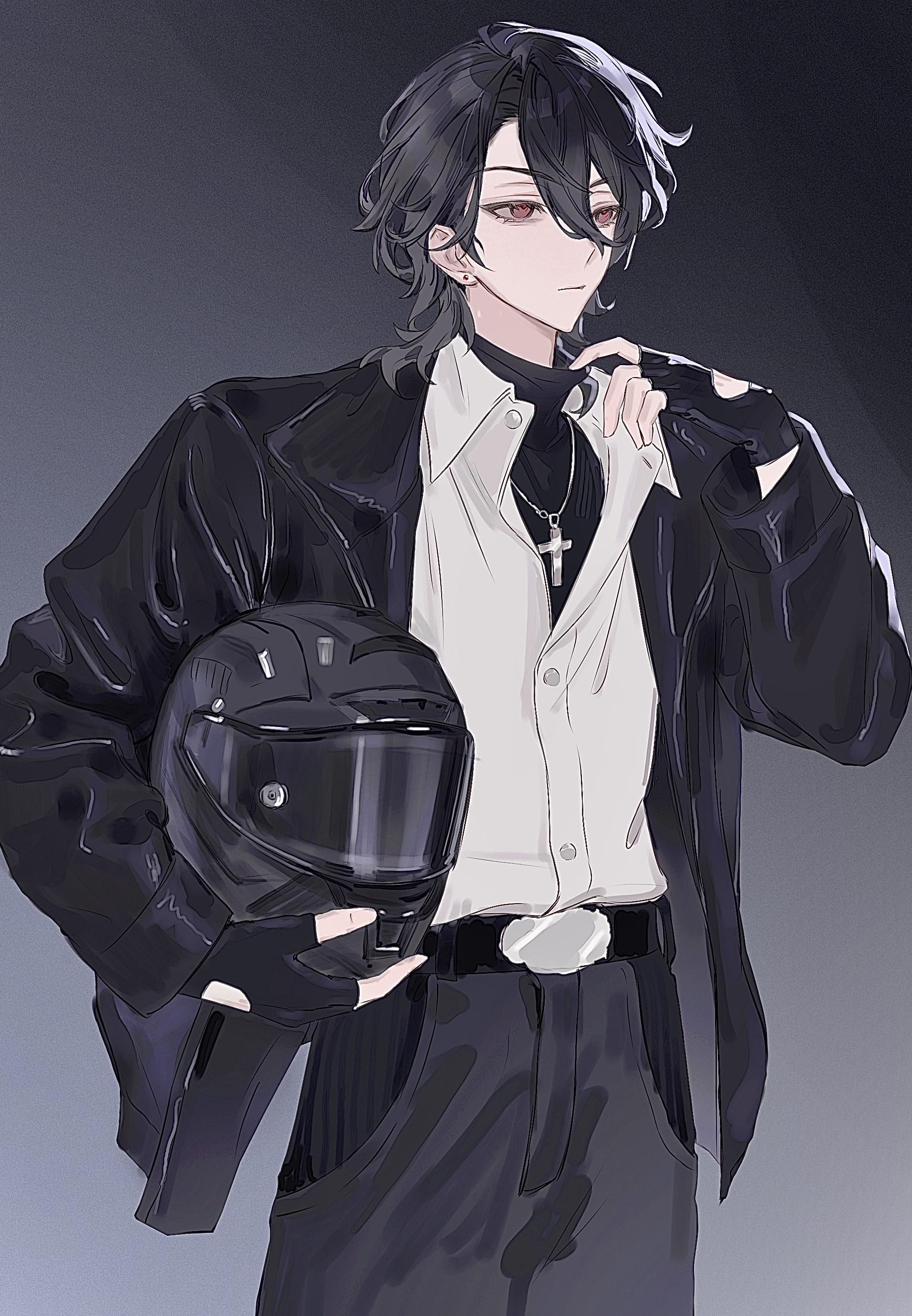 Safebooru - 1boy absurdres belt black hair black jacket black pants ...