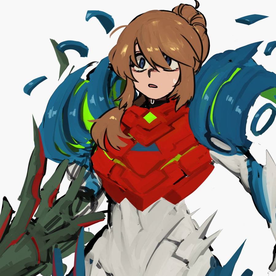 Safebooru - 1girl arm cannon armor battle damage blue eyes brown hair ...