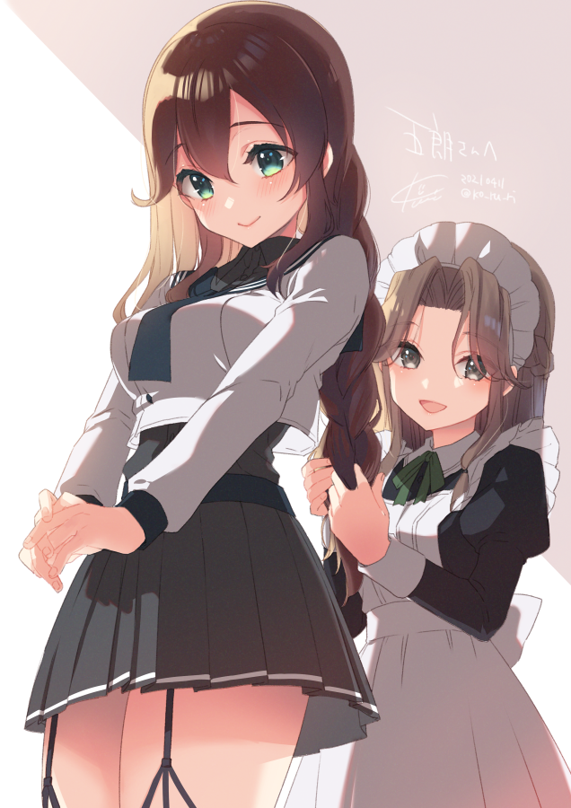 Safebooru - 2girls adjusting hair alternate costume apron bangs black dress black skirt blush ...