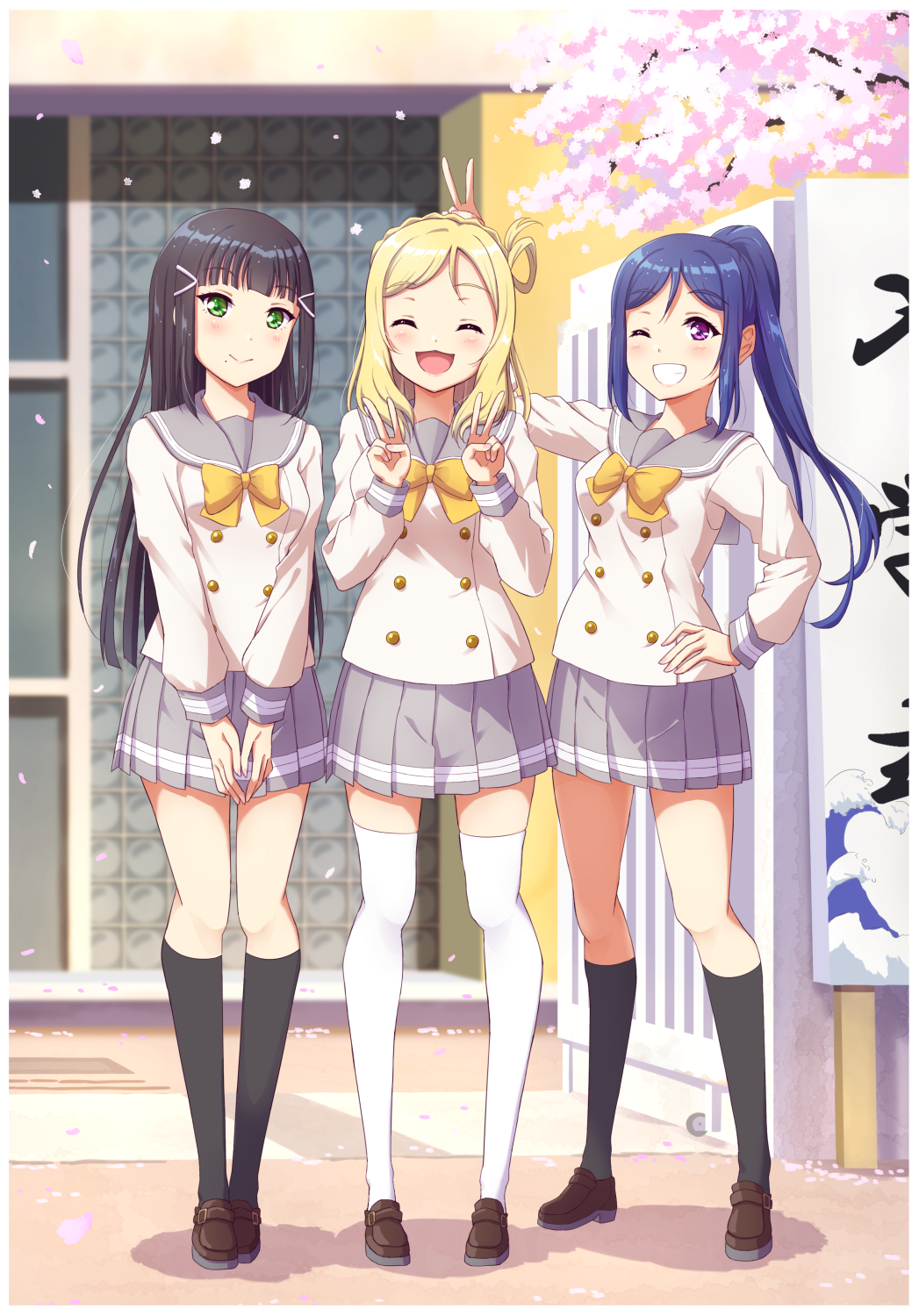 Safebooru - 3girls :3 :d bangs black hair black legwear blue hair blunt bangs blush bow braid ...