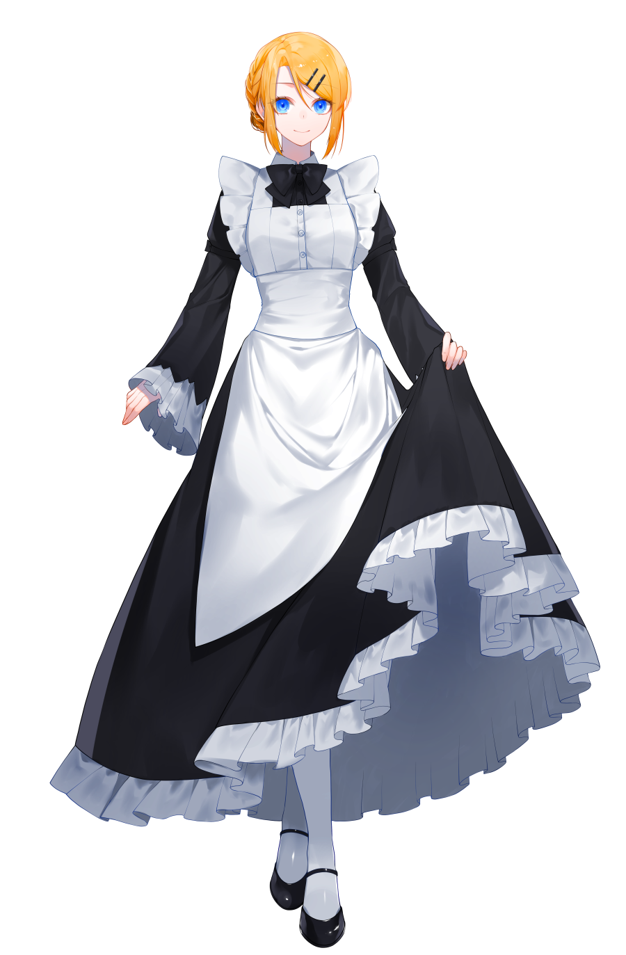 Safebooru - 1girl apron bangs black bow black dress black footwear blonde hair blue eyes bow ...