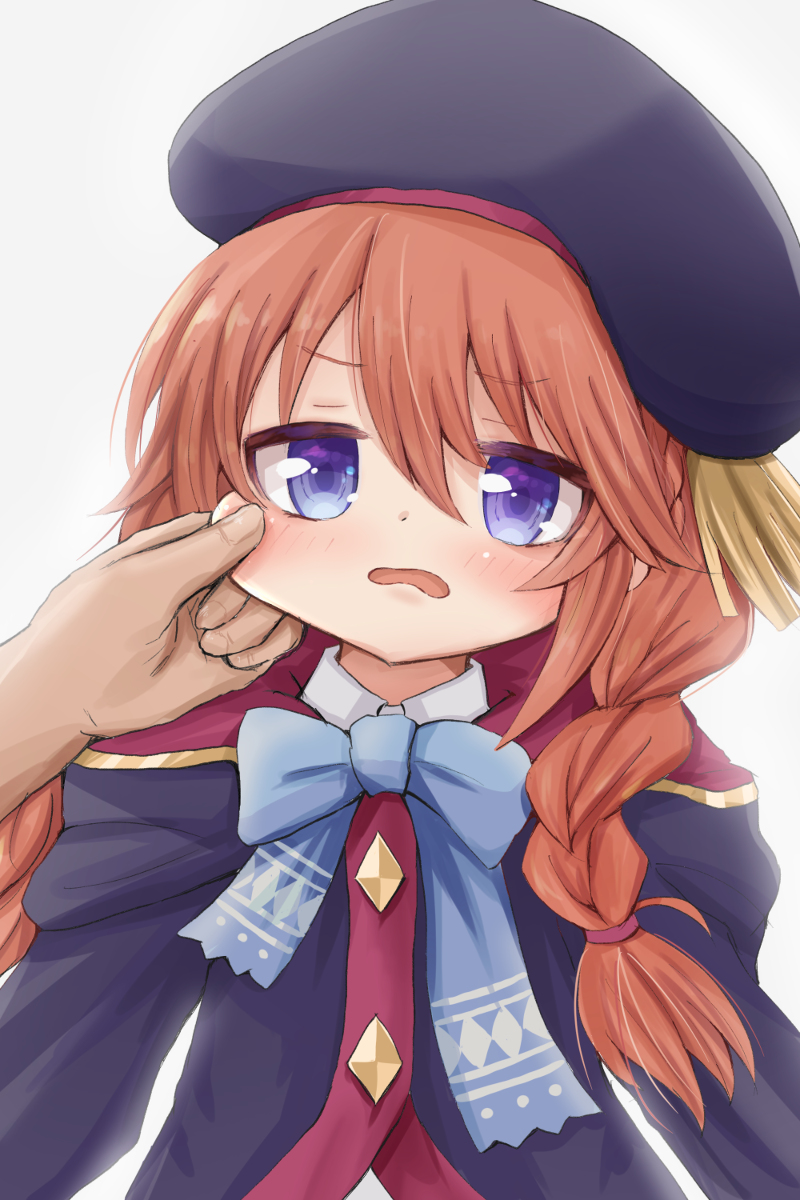 Safebooru - 1girl annoyed bangs beret black coat black headwear blue bow blush bow braid cheek ...