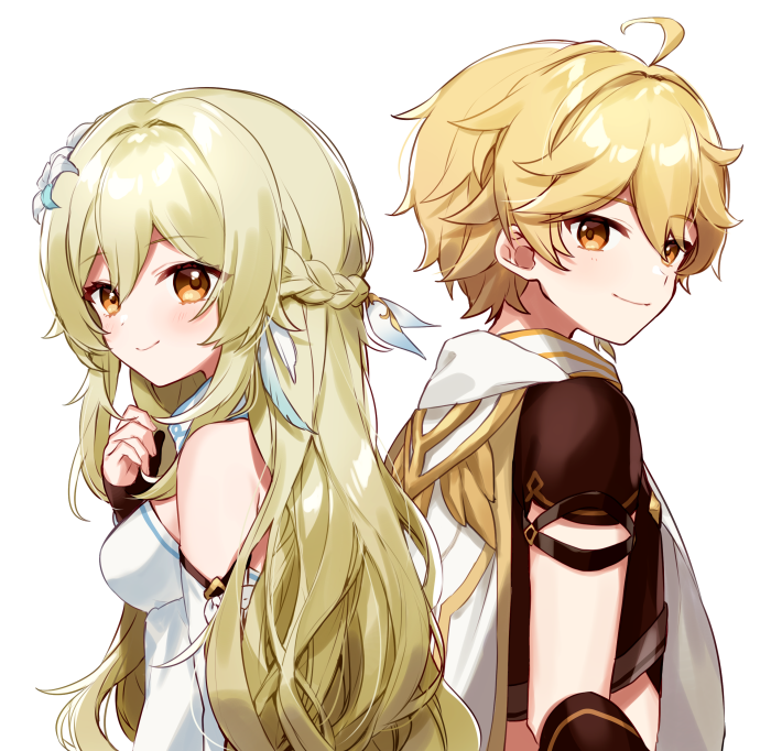 Safebooru - 1boy 1girl aether (genshin impact) ahoge alternate hair length alternate hairstyle ...