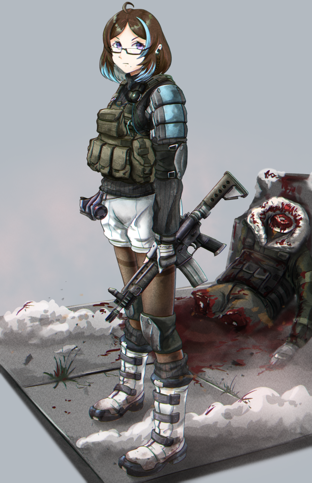 Safebooru - 1girl ahoge assault rifle black-framed eyewear black ...