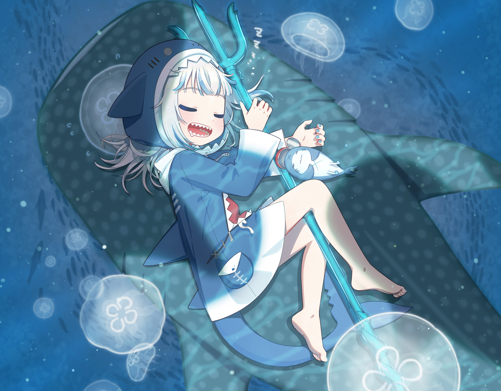 Safebooru - 1girl animal hood barefoot bloop (gawr gura) blue jacket closed eyes commentary ...