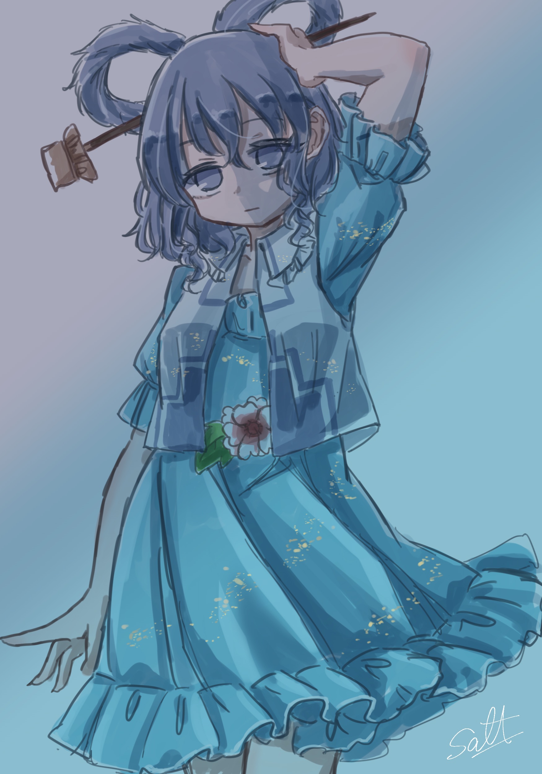 Safebooru - 1girl absurdres arm up bangs blue background blue dress ...