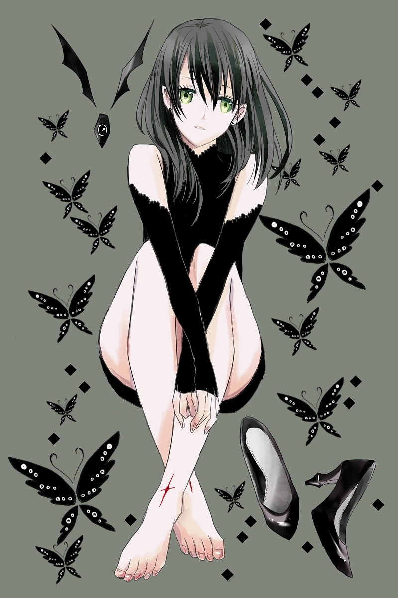 Safebooru - 1girl bangs bare legs barefoot black dress black footwear black hair black sleeves ...