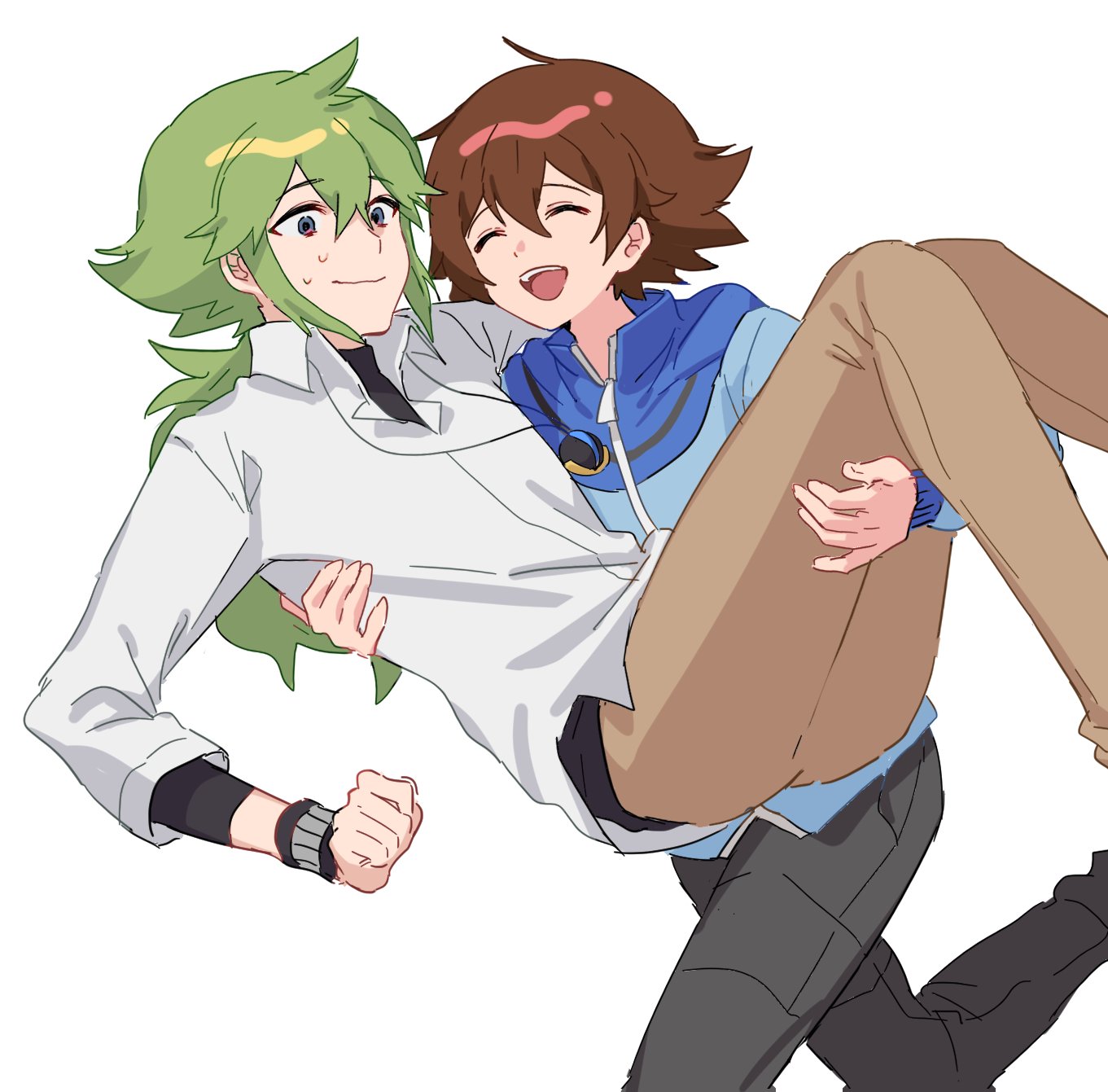 Safebooru - 2boys bangs blue jacket brown hair carrying closed mouth ...