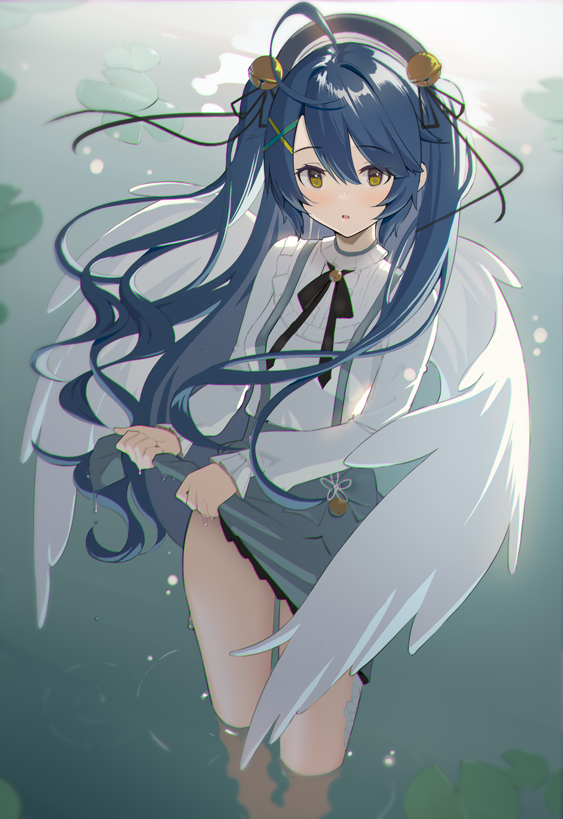 Safebooru - 1girl :o ahoge amamiya kokoro bell beret black headwear black ribbon blue hair blush ...