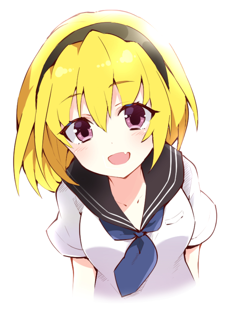 Safebooru - 1girl black sailor collar blonde hair blue neckwear fang hairband higurashi no naku ...