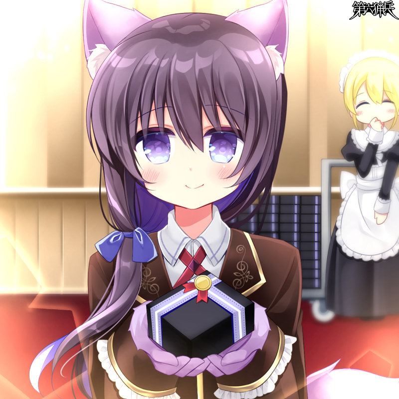 Safebooru - 2girls animal ear fluff animal ears apron bangs black dress black hair blue bow blue ...