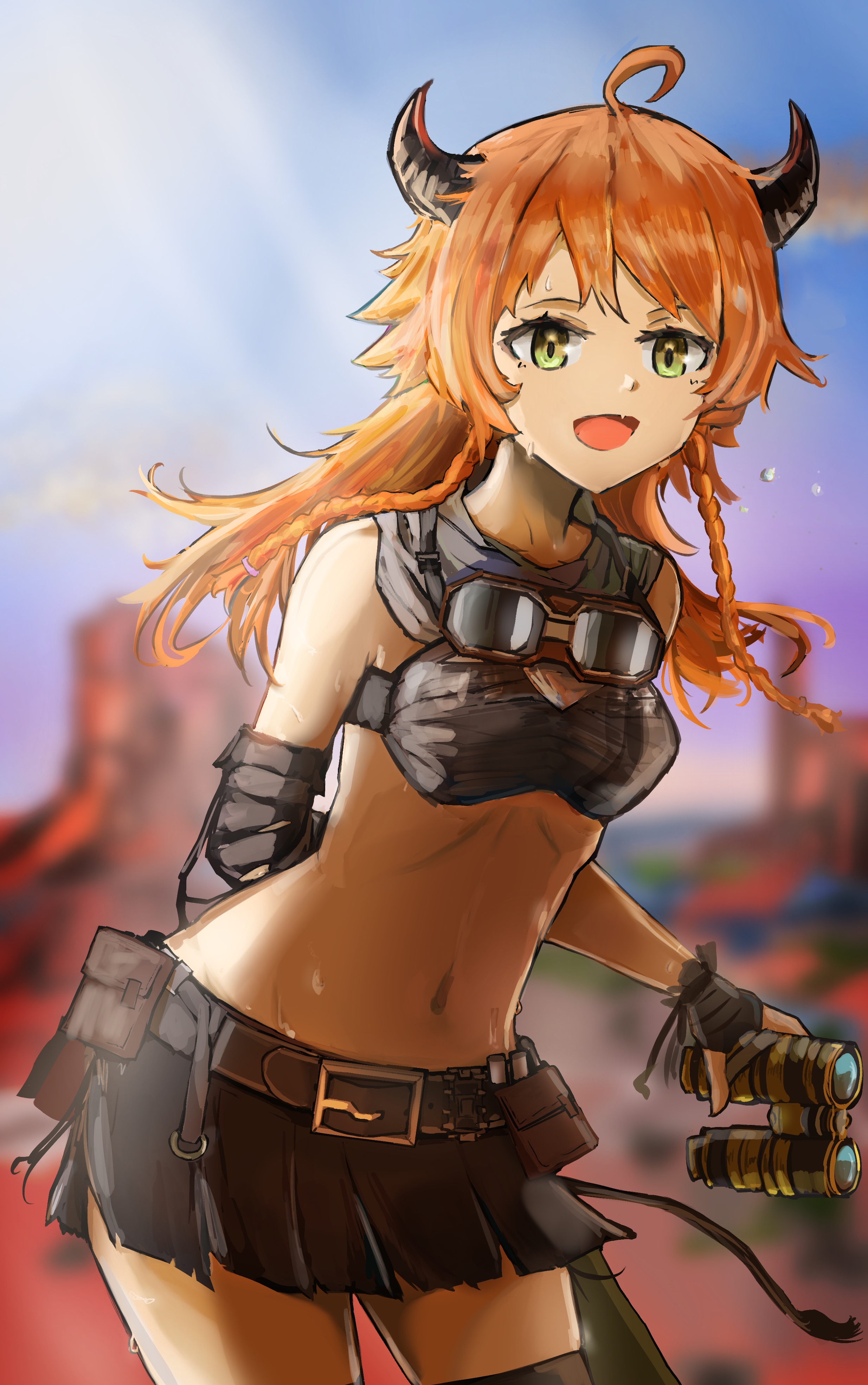 Safebooru - 1girl :d absurdres ahoge arknights arm behind back bandaged arm bandages bandeau ...