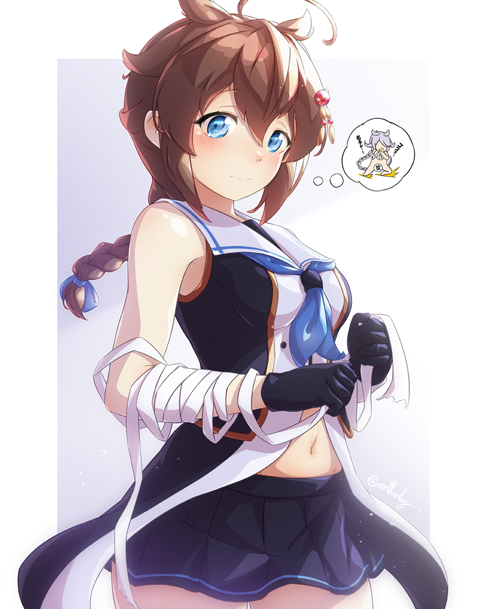 Safebooru - 2girls ahoge arthur ko bandages black gloves black serafuku black skirt blue eyes ...