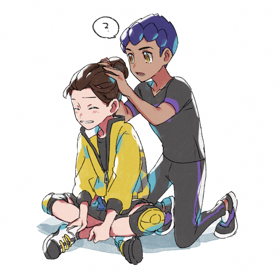 Safebooru - 2boys ? adjusting hair black pants black shirt blush brown ...