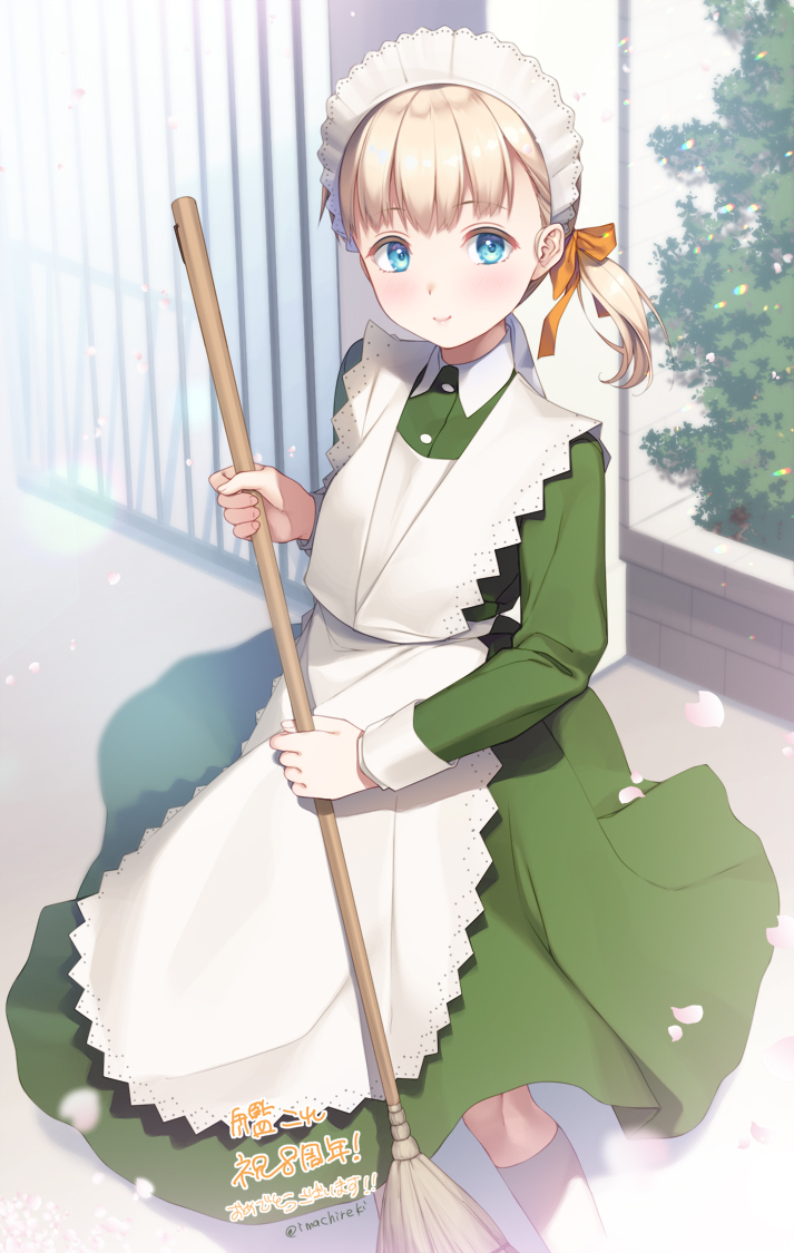 Safebooru - 1girl alternate costume apron bangs blonde hair blue eyes blush broom dress green ...