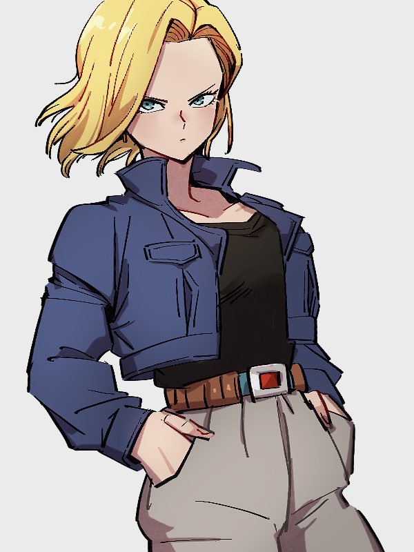 Safebooru - 1girl android 18 belt black shirt blonde hair blue eyes ...