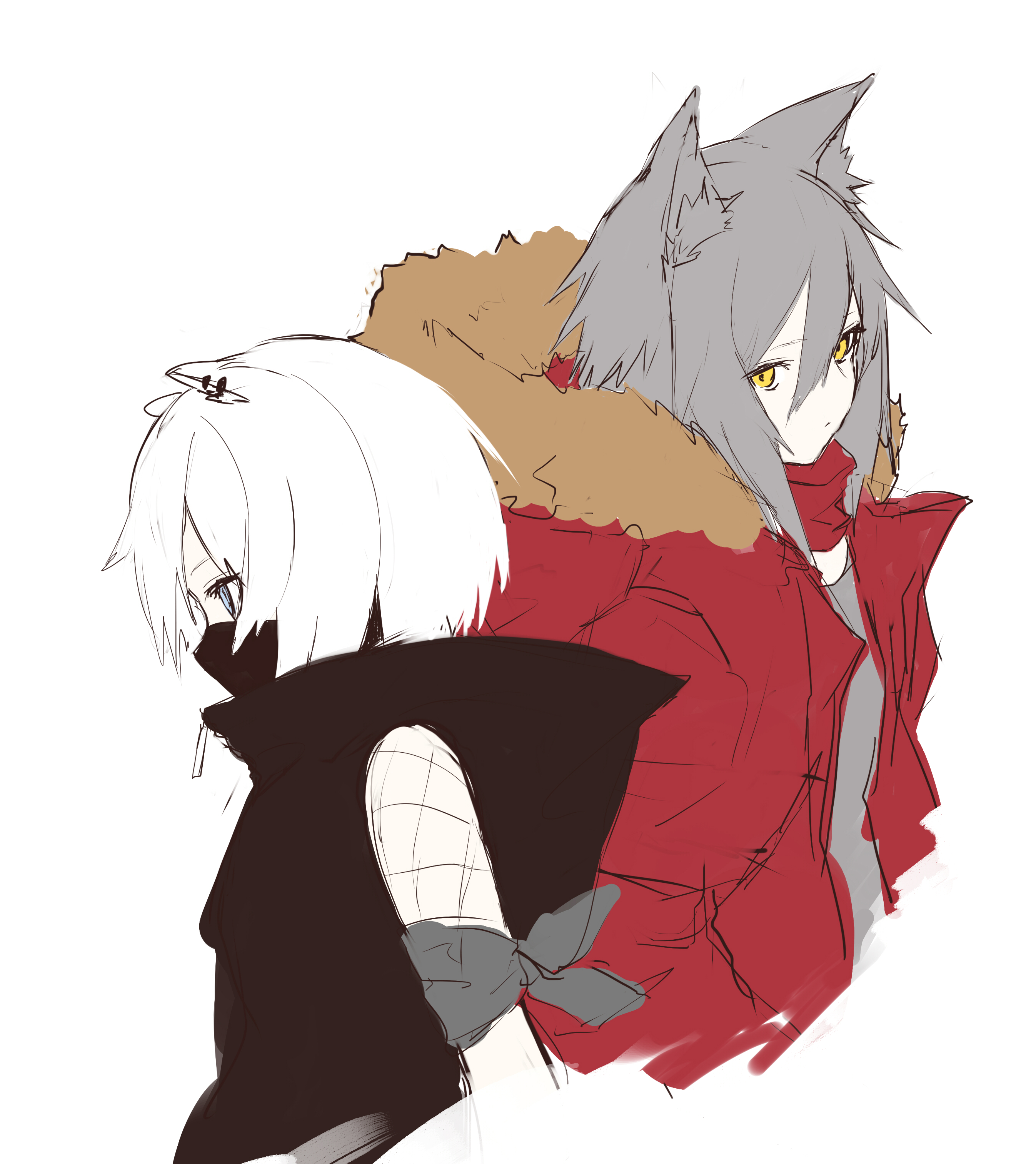Safebooru - 2girls absurdres animal ears arknights black jacket black scarf blue eyes covering ...