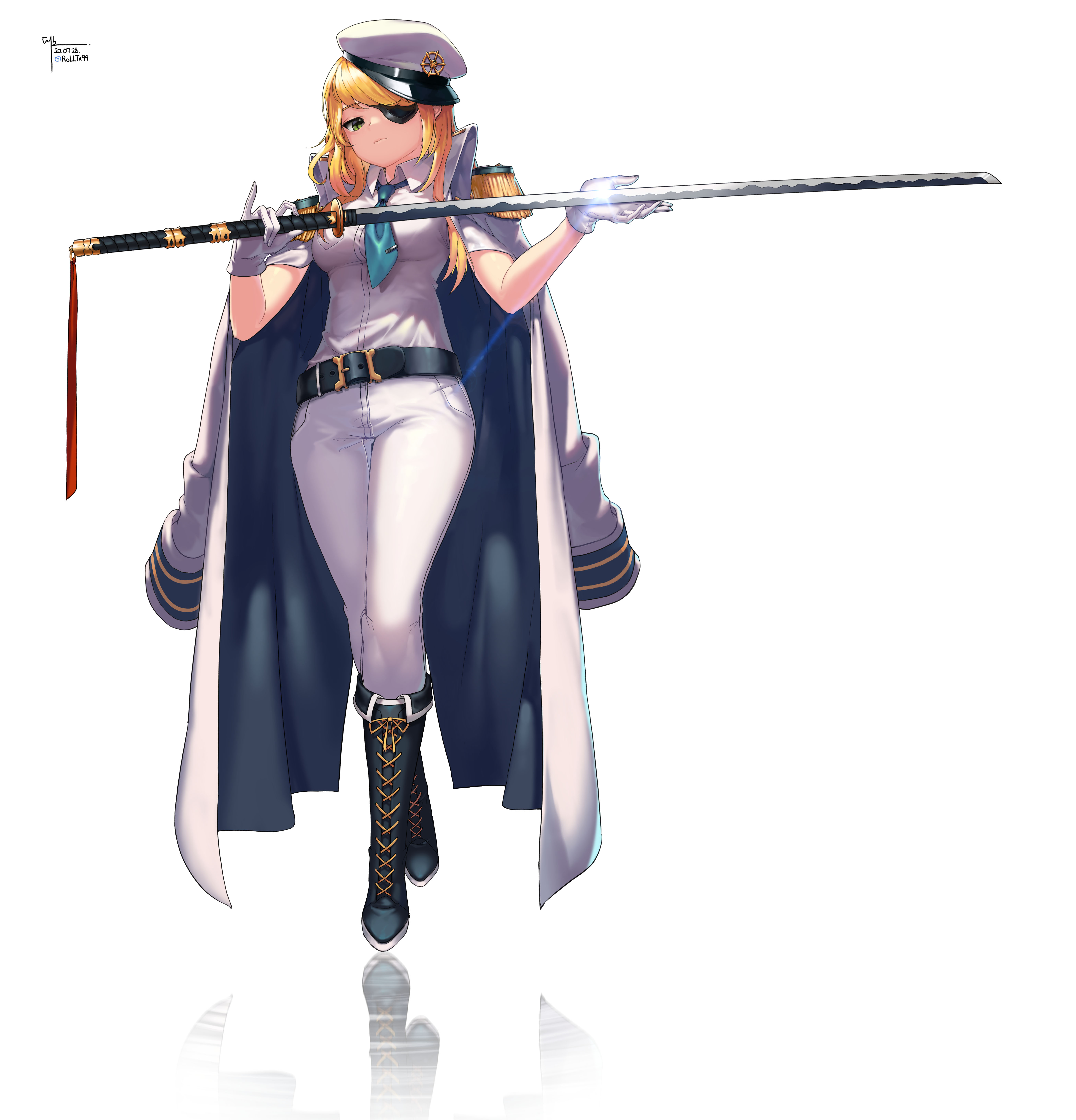 Safebooru - 1girl absurdres blonde hair boots daeno eyepatch full body gloves grand admiral ...