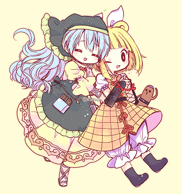 Safebooru - 2girls apron bangs biyon black footwear blonde hair bloomers blue hair blunt bangs ...