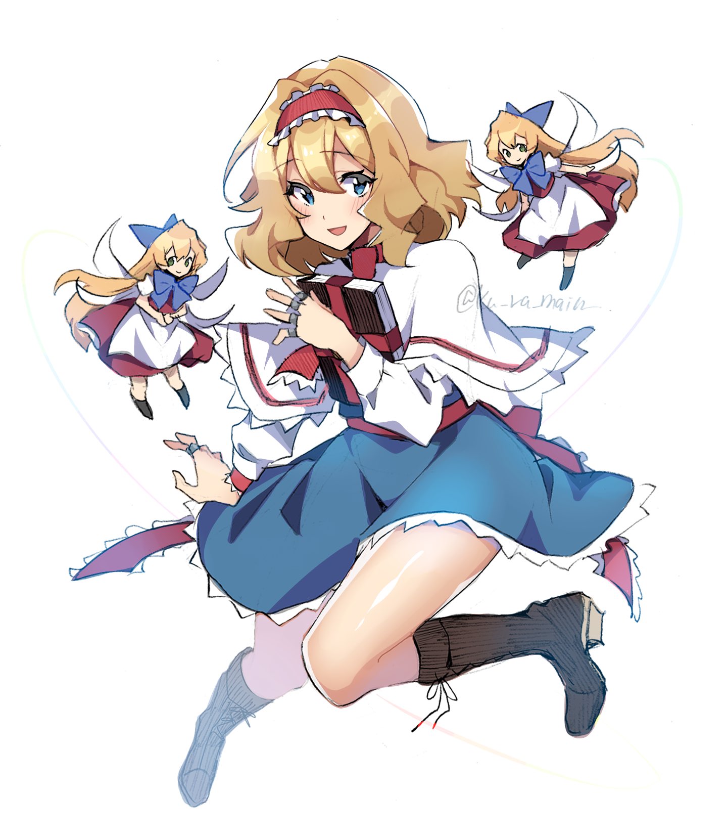 Safebooru - 3girls :d alice margatroid bangs belt black footwear blonde hair blue bow blue dress ...