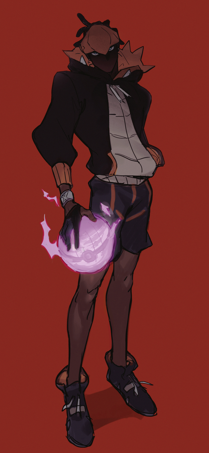 Safebooru - 1boy black footwear black hair black hoodie commentary request dark skin dark ...