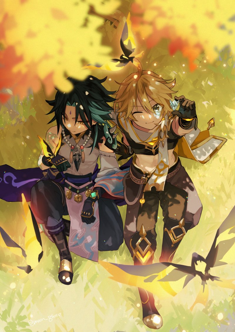 Safebooru - 2boys aether (genshin impact) ahoge aqua hair arm tattoo armor asymmetrical clothes ...