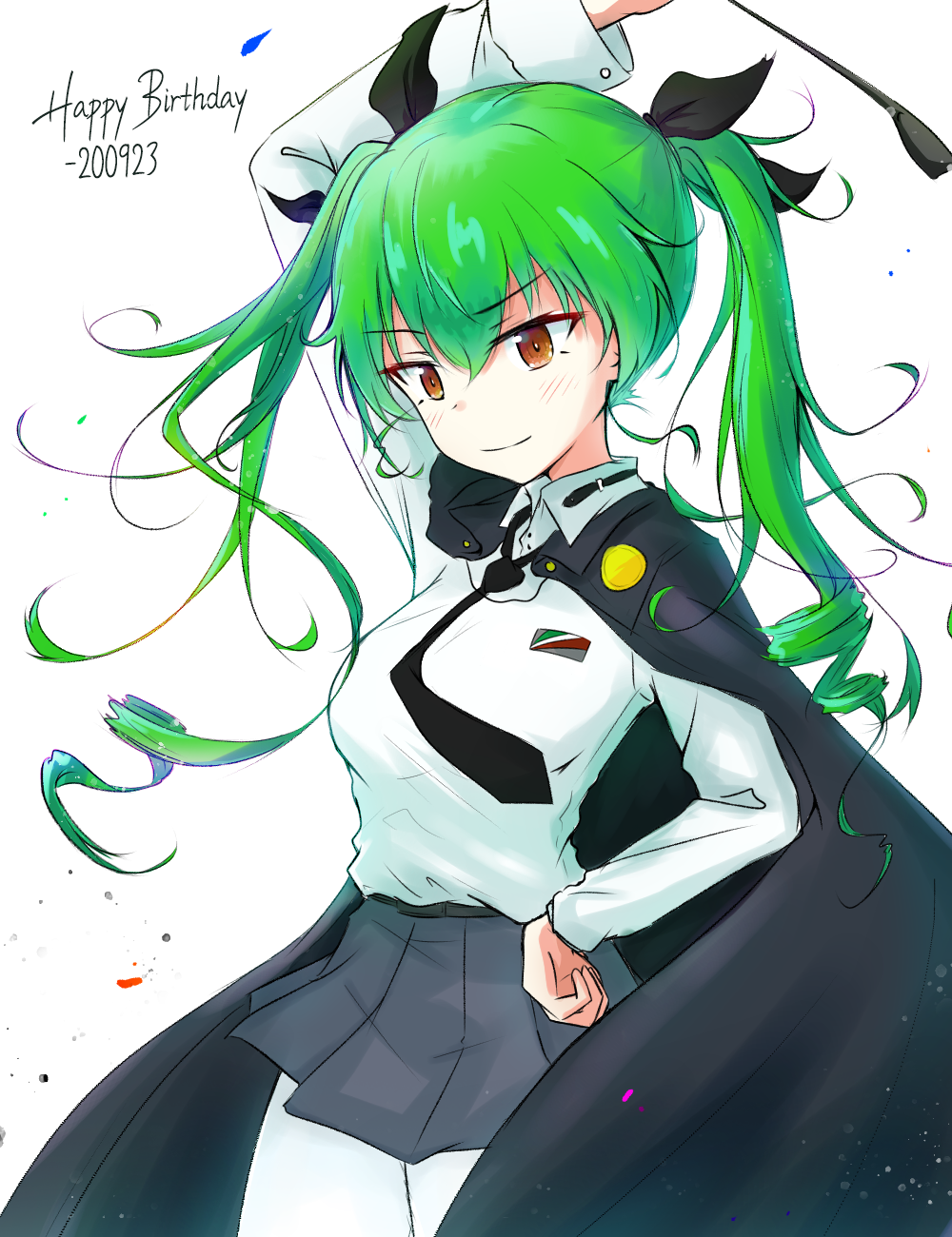 Safebooru - 1girl anchovy (girls und panzer) anzio school uniform arm up bangs belt black belt ...