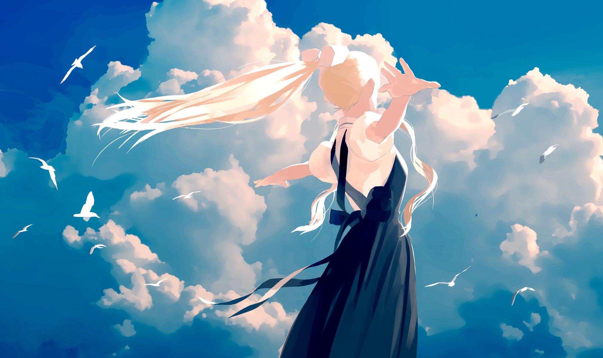 Safebooru - 1girl air backless outfit black dress blonde hair blue sky bow clouds day dress ...