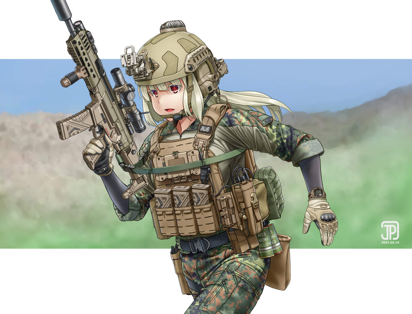 Safebooru - 1girl assault rifle camouflage flecktarn gloves gun handgun ...