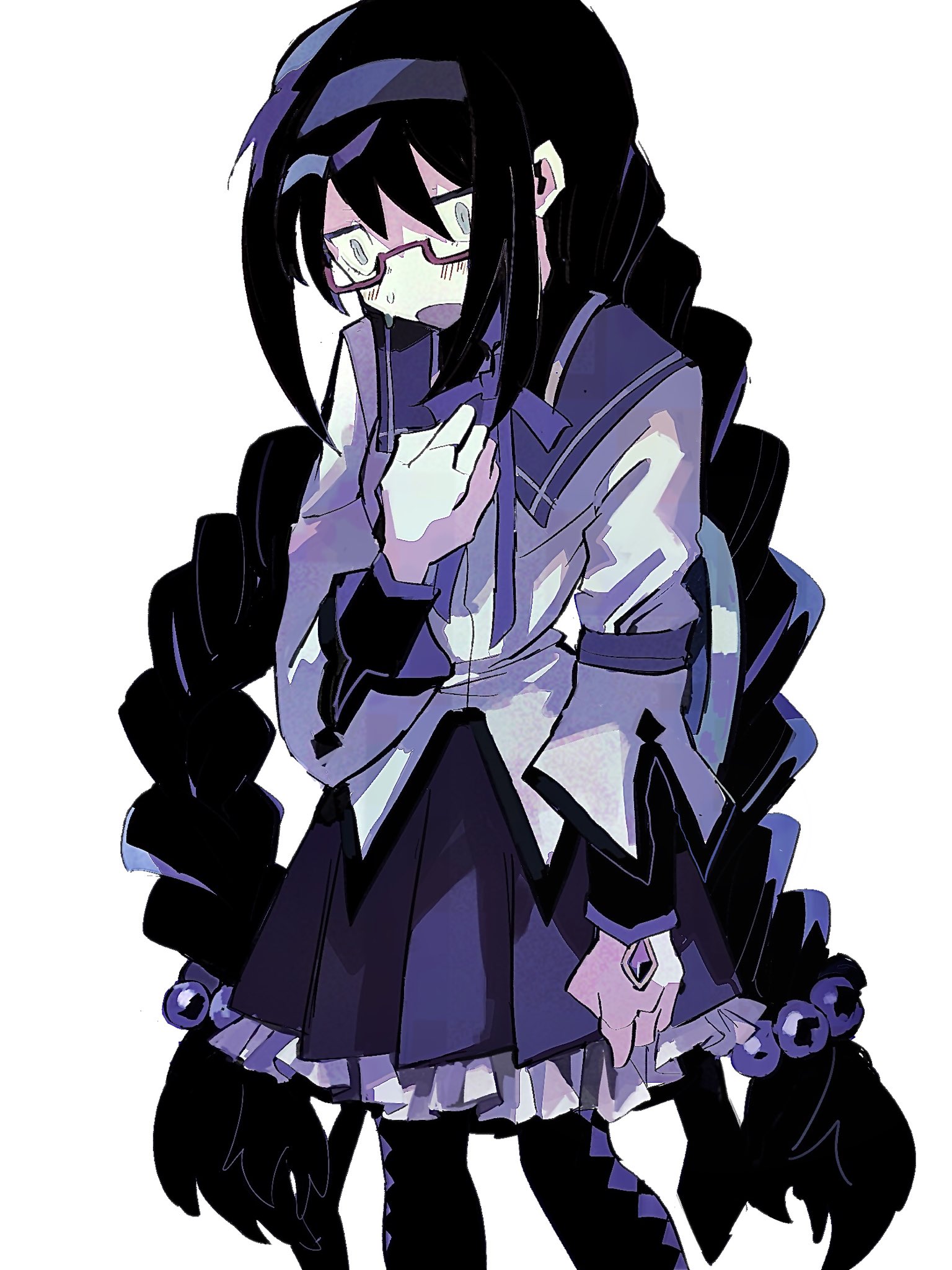 Safebooru - 1girl akemi homura black hair black legwear blue eyes blush braid exhausted glasses ...