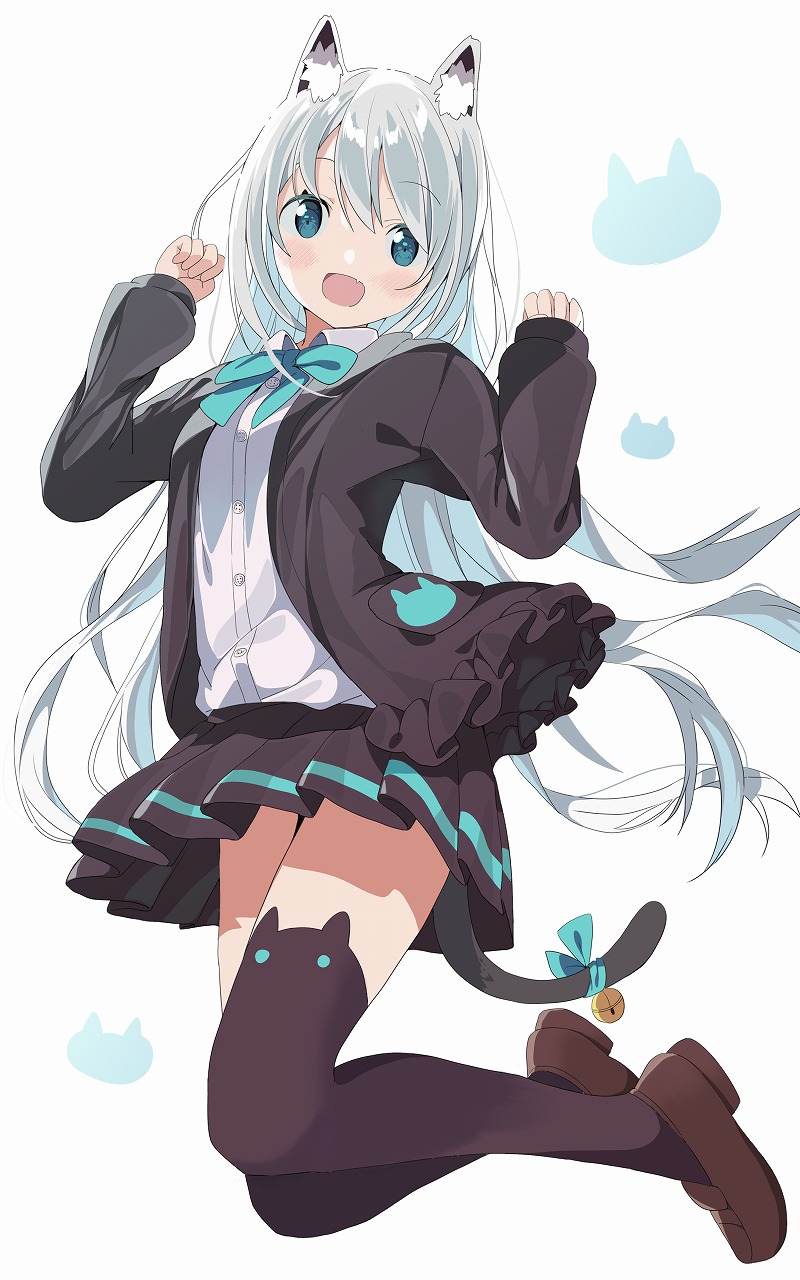 Safebooru - 1girl :d animal ear fluff animal ears bangs bell black jacket black legwear black ...