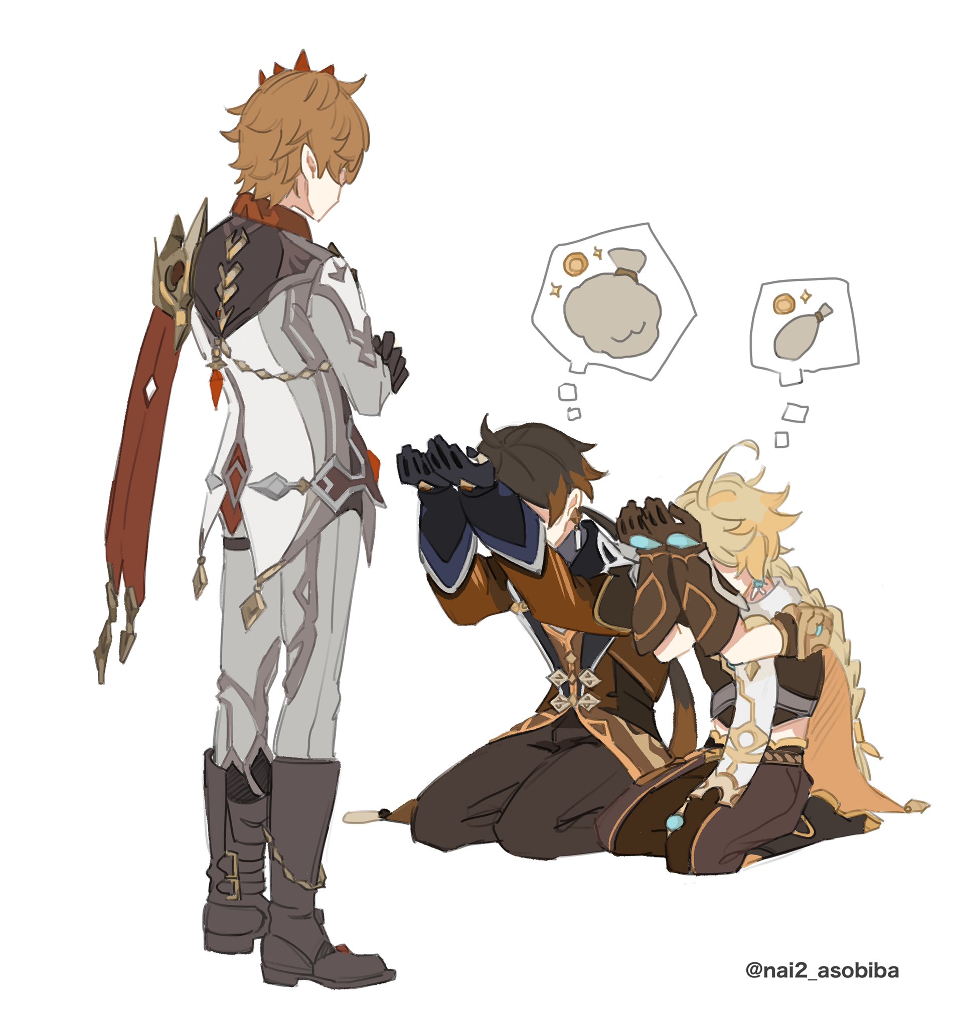 Safebooru - 3boys aether (genshin impact) ahoge bangs begging black gloves black hair blonde ...