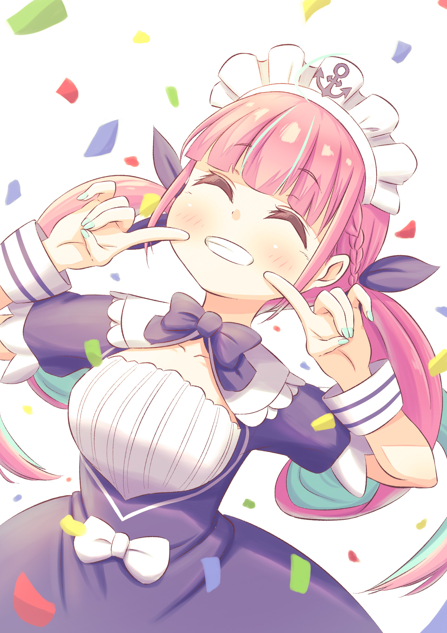 Safebooru - 1girl ^ ^ ahoge anchor print anchor symbol bangs blue dress blue hair blue neckwear ...