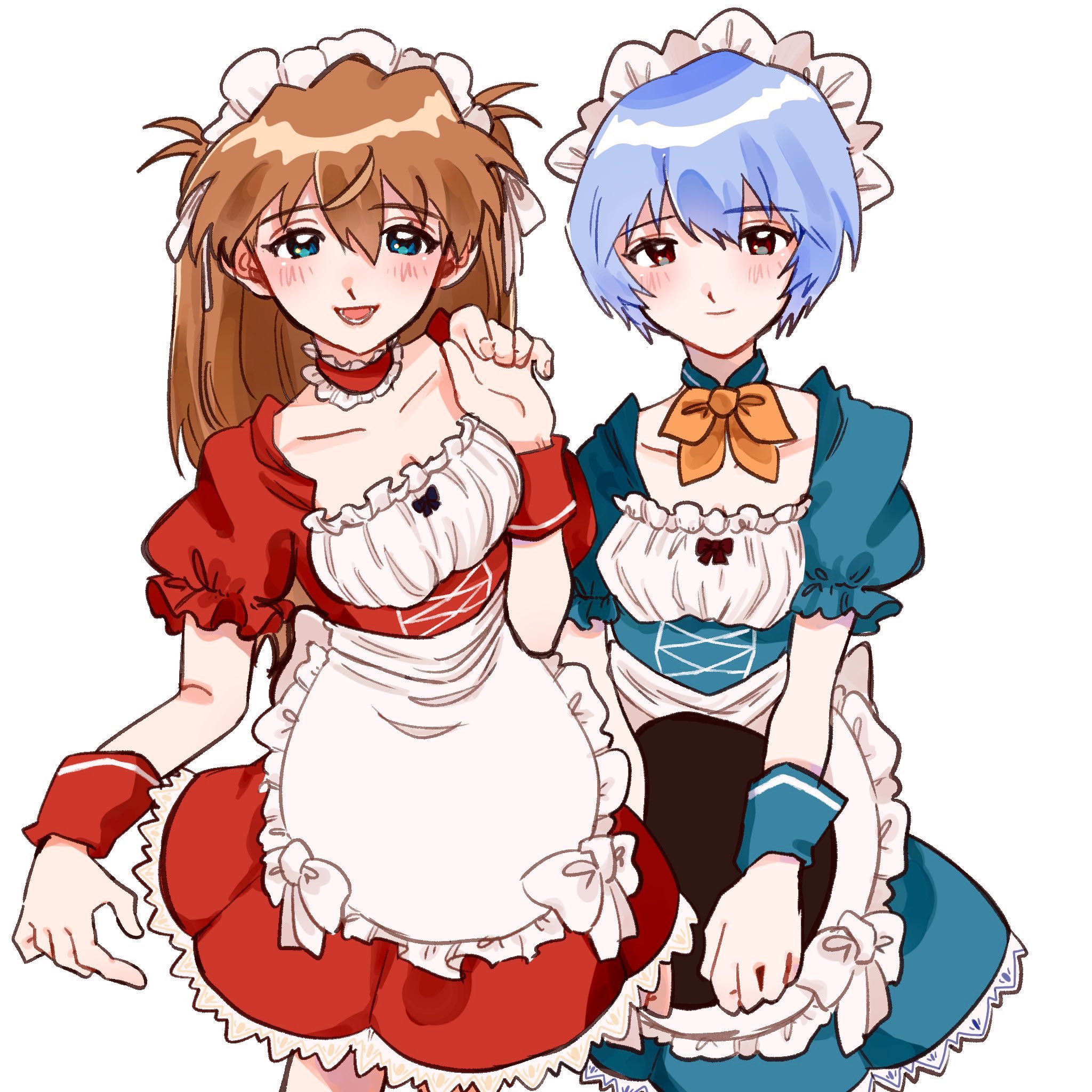 Safebooru - 2girls :d apron ayanami rei black bow blue eyes blue hair blue wrist cuffs blush bow ...