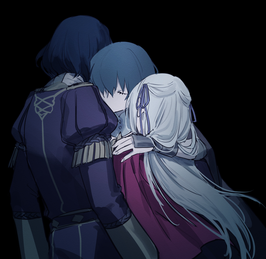 Safebooru - 1boy 2girls armlet arms up back black background black hair ...