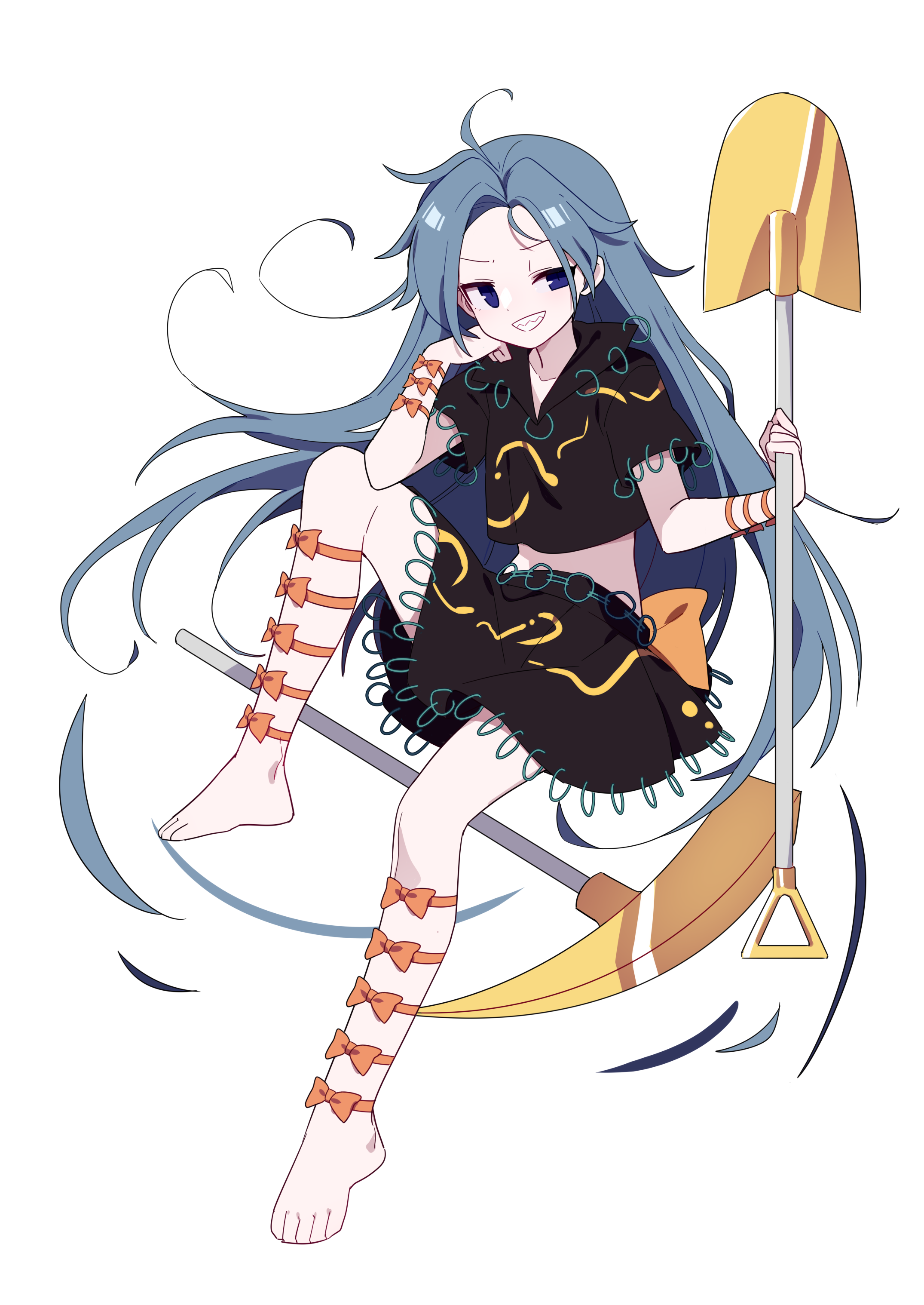 Safebooru - 1girl absurdres ahoge ankle bow arm at side arm strap bad feet bangs barefoot belly ...