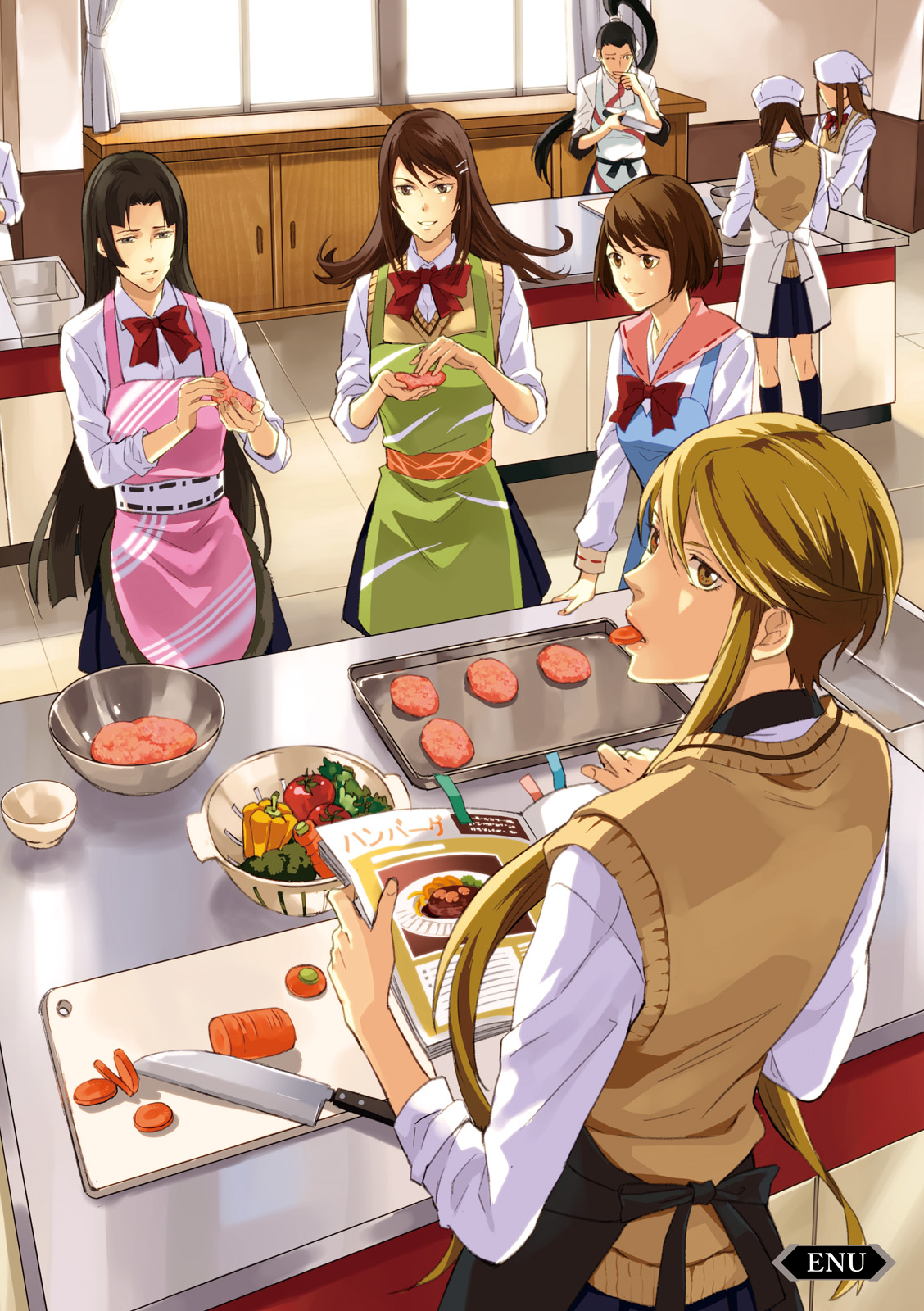 Safebooru - 6+girls apron artist request black hair blonde hair blue ...