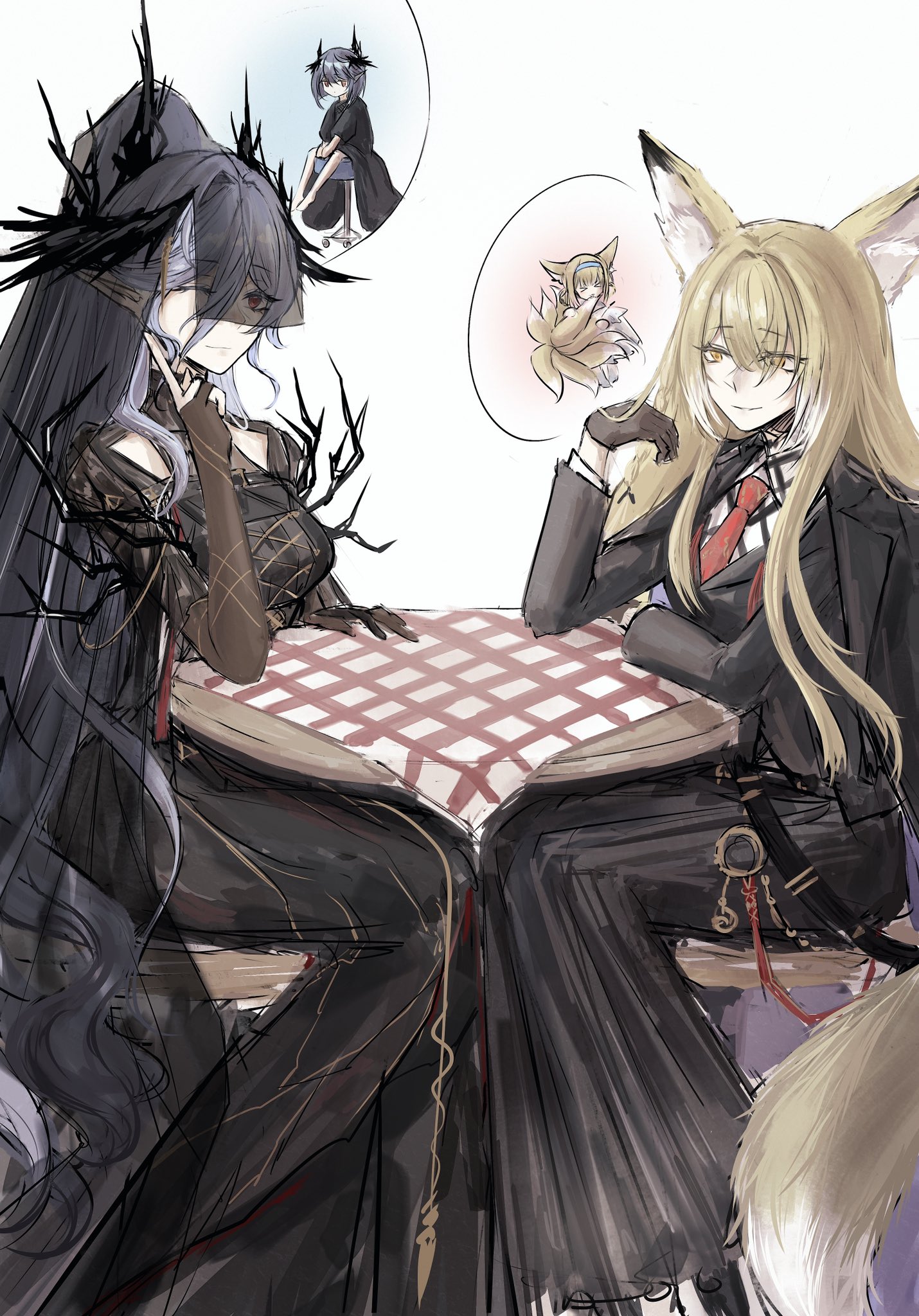 Safebooru - 1boy 3girls ;) animal ear fluff animal ears arknights black coat black dress black ...