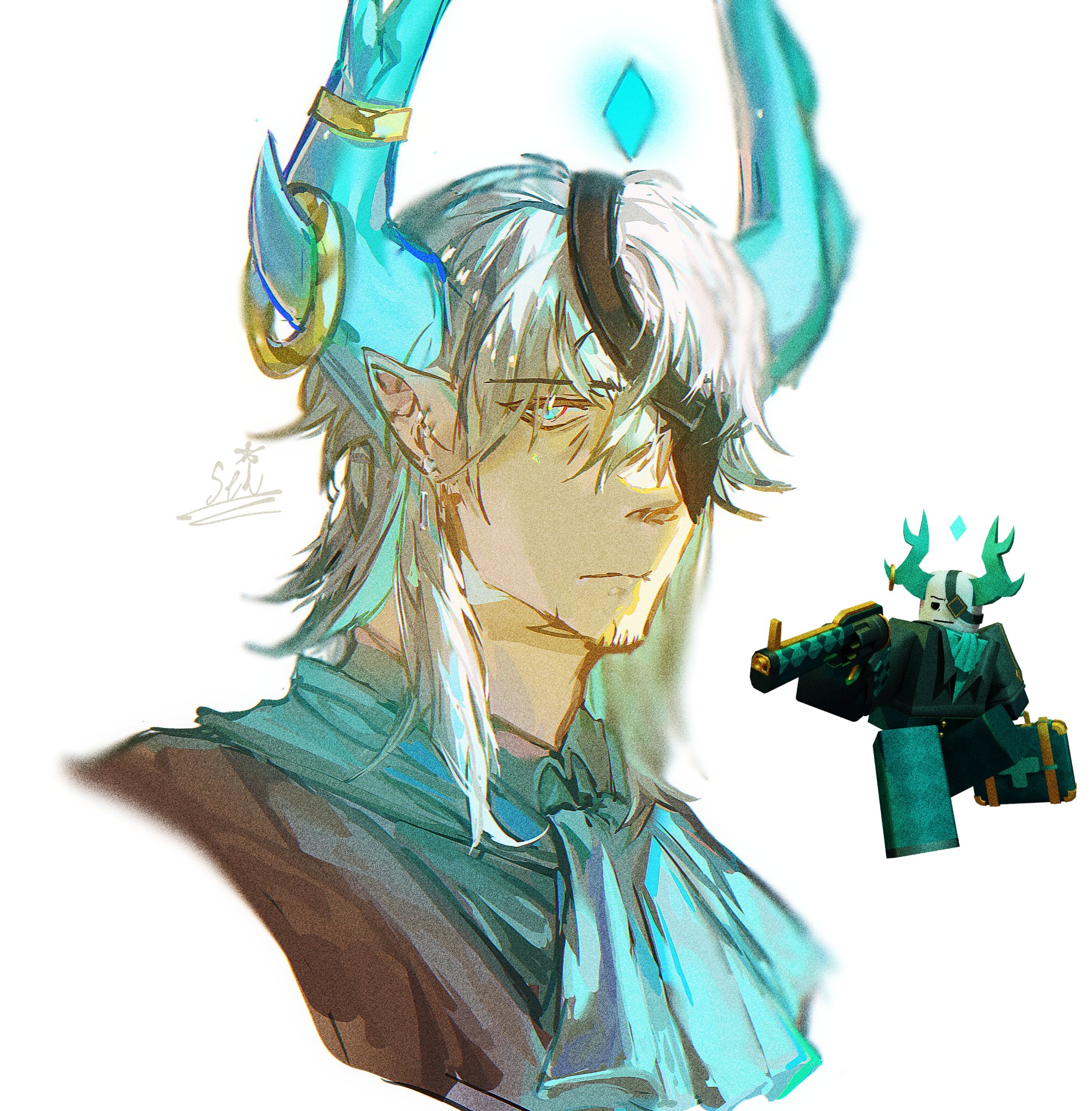 Safebooru - 1boy aqua ascot aqua horns aqua shirt black jacket closed mouth collared shirt ...