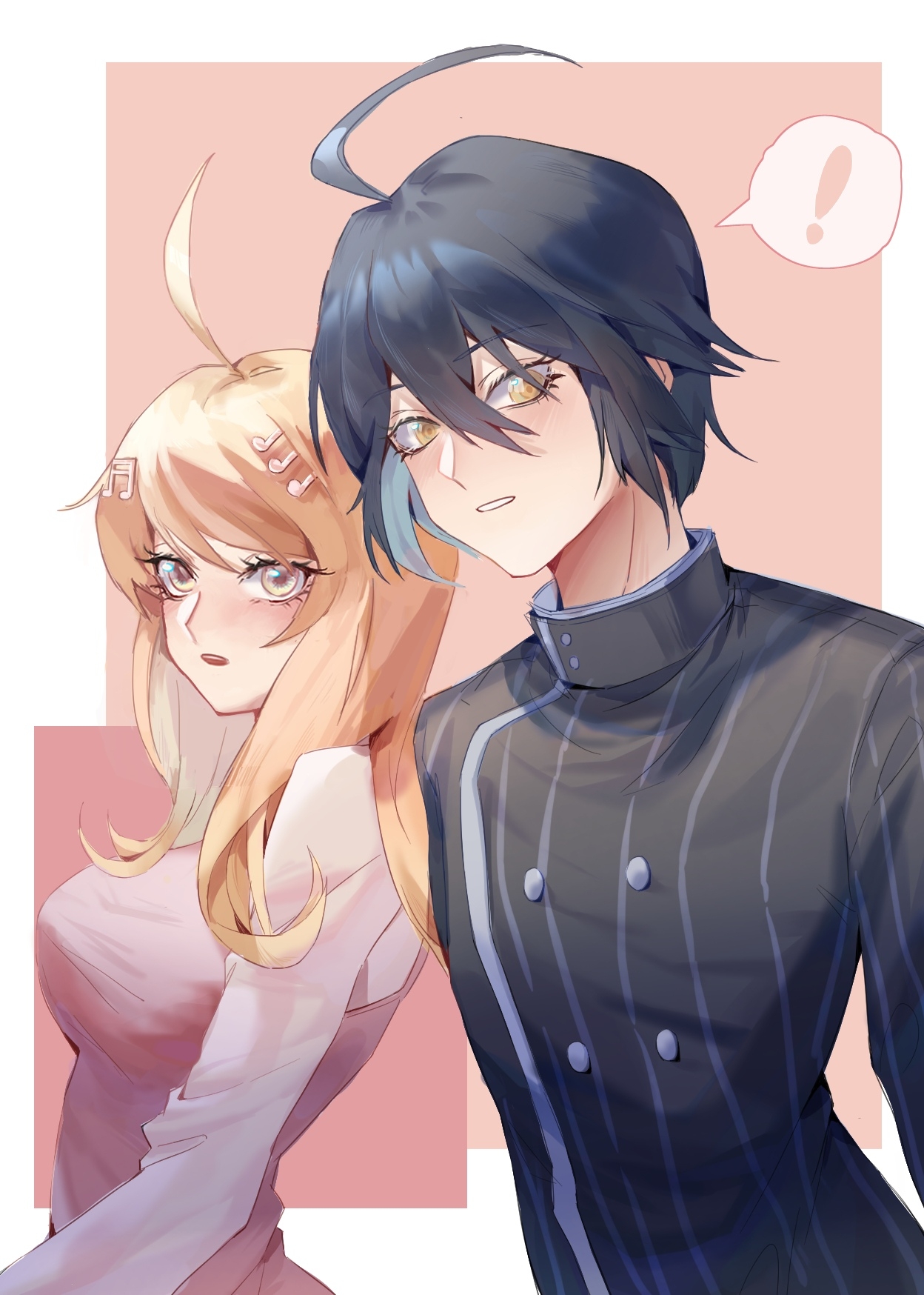 Safebooru - ! 1boy 1girl ahoge akamatsu kaede bangs black jacket blonde hair blush border ...