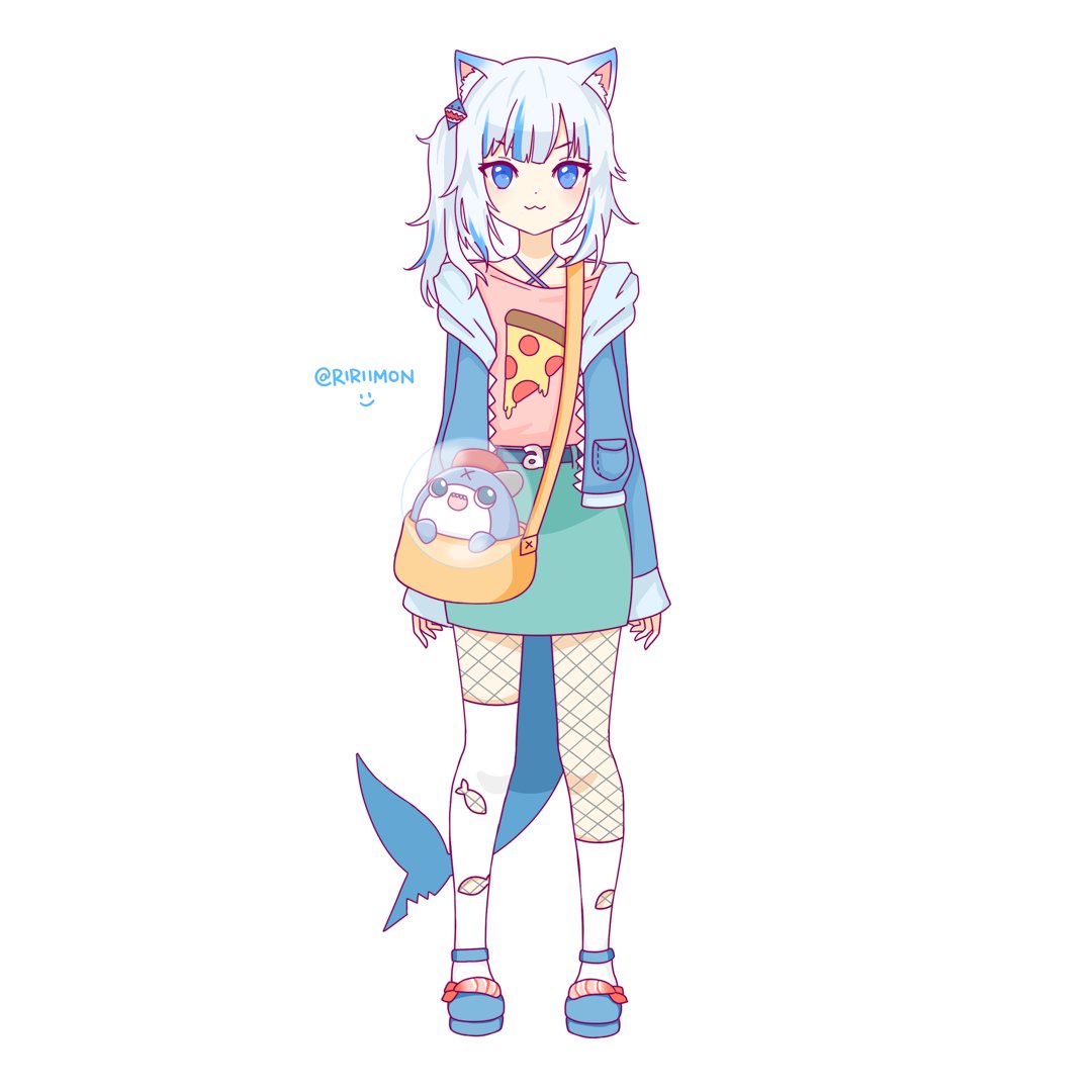 Safebooru - 1girl animal ears bangs bloop (gawr gura) blue eyes blue hair cat ears fish tail ...