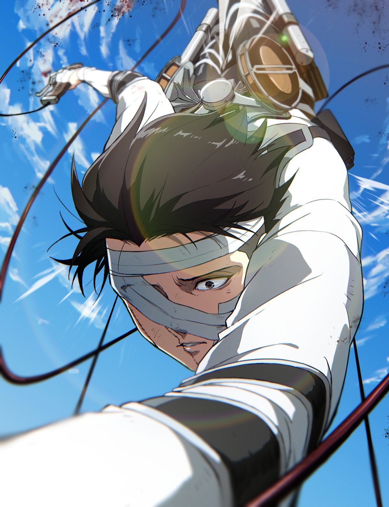 Safebooru - 1boy bandage over one eye bandaged head bandages black eyes black hair blood blue ...