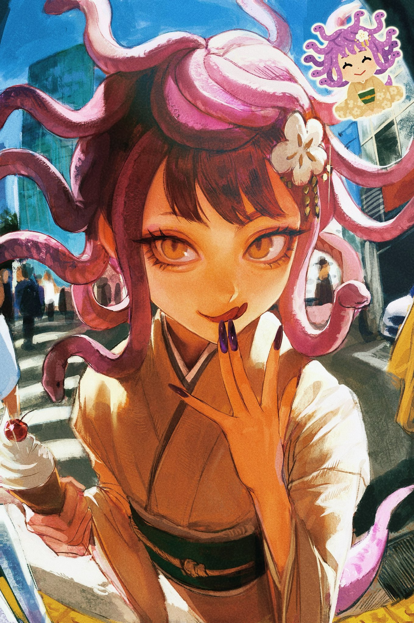 Safebooru - 1girl blue sky building car character print cherry city ...